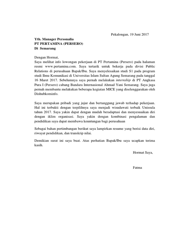 Cover Letter Pertamina | PDF