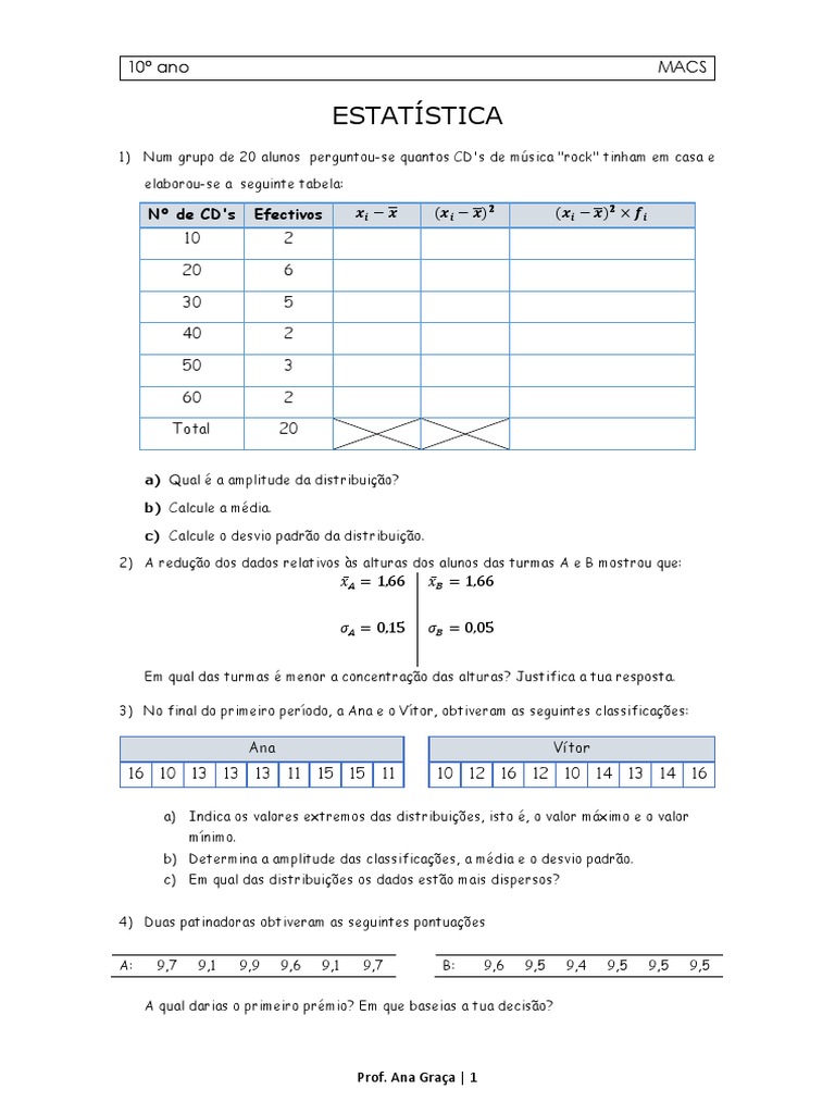 Estatística: 10º ano Macs | Desvio Padrão | Matemática