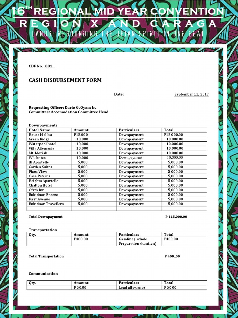 Cash Disbursement Form (Accomodation) | PDF | Foods