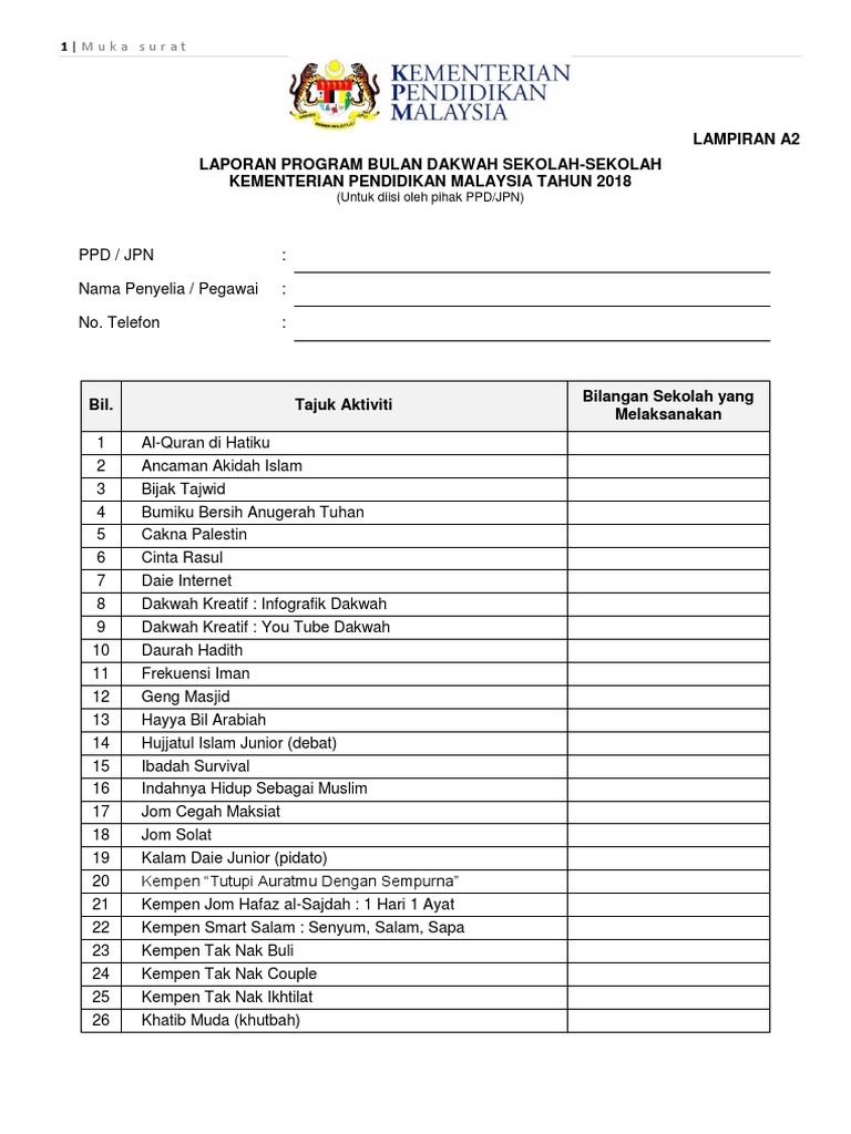 Borang Pelaporan PBD 2018 (Lampiran A2) | PDF