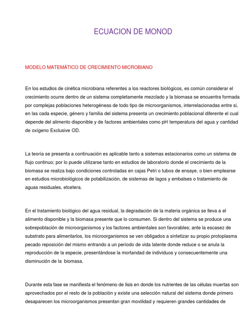 Ecuación de Monod en Crecimiento Microbiano | PDF | Aguas residuales | Agua