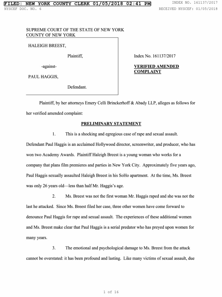 Haleigh Breest v. Paul Haggis, Amended Complaint | PDF | Sexual ...