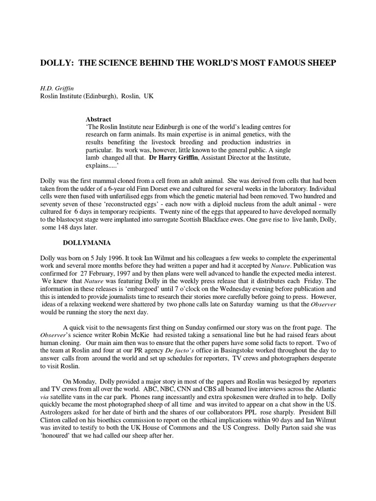 Dolly The Sheep | PDF | Cloning | Genetically Modified Organism