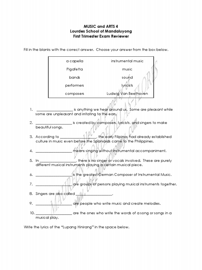 LSM Grade 4 Music and Arts 1st Trim Exam SY 2010-2011 | PDF | Color ...