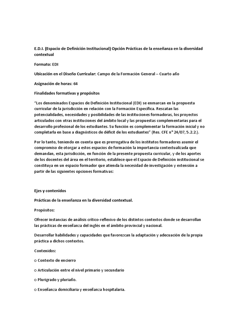 E.D.I. (Espacio de Definición Institucional) Opción Prácticas de La ...