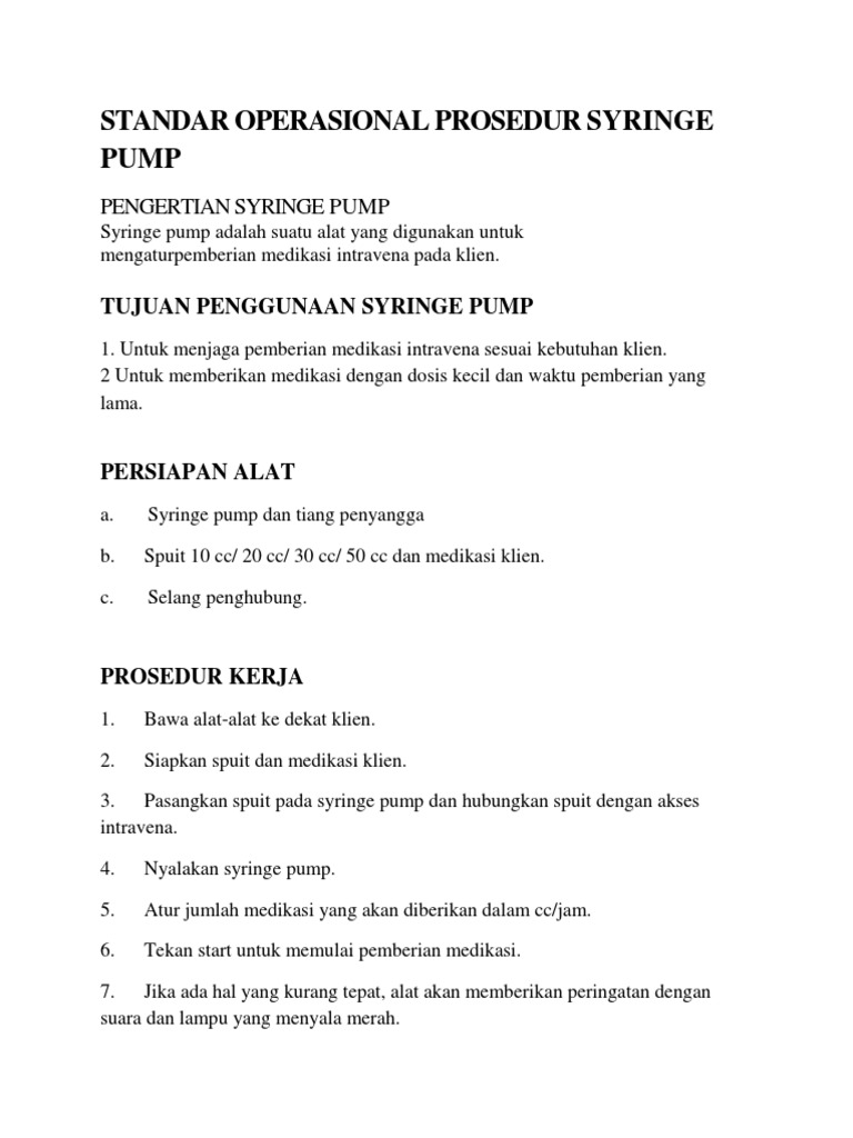 Standar Operasional Prosedur Syringe Pump Dan Infus Pump | PDF