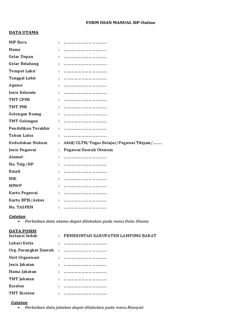 Form Isian Manual SIP Online | PDF