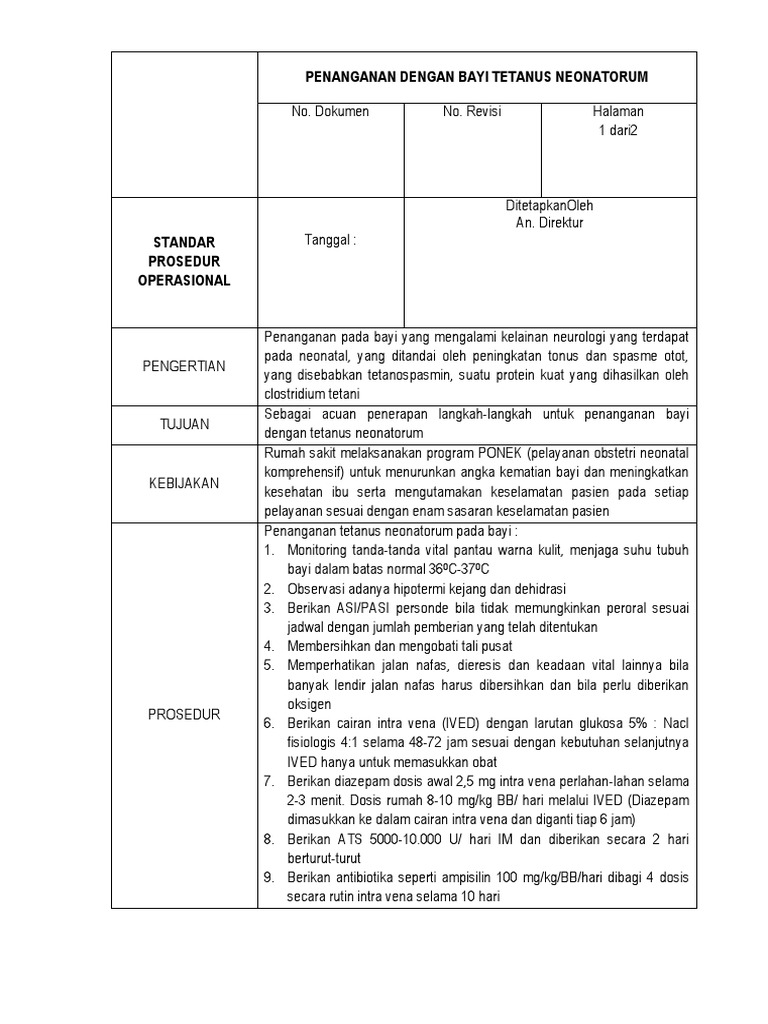 SOP 107 (Penanganan Dengan Bayi Tetanus Neonatorum) | PDF | Kesehatan ...