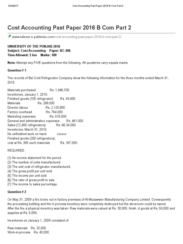 Cost Accounting Past Paper 2016 B Com Part 2 | PDF | Cost Accounting | Inventory