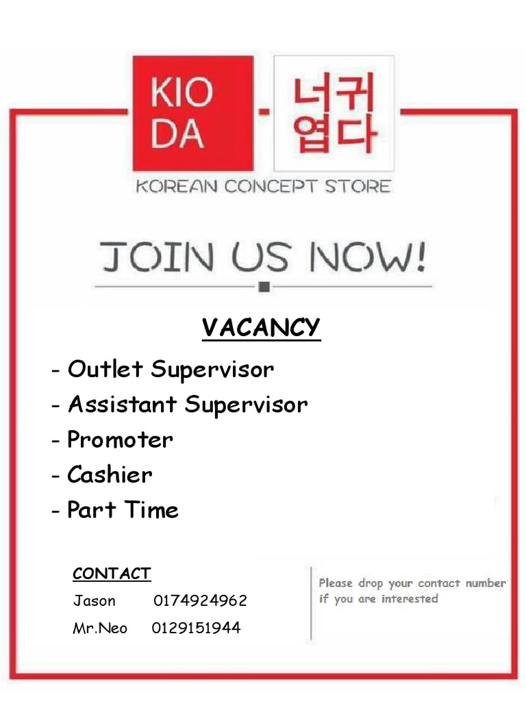 Outlet Supervisor - Assistant Supervisor - Promoter - Cashier - Part ...