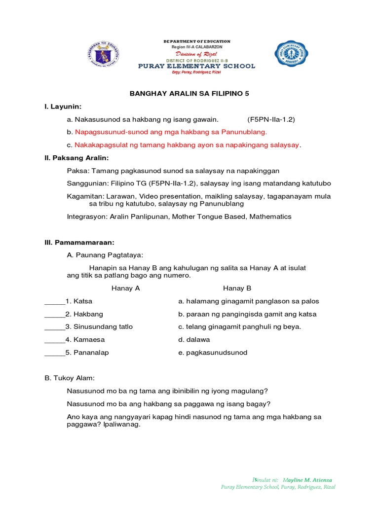 IPED Banghay Aralin Sa FILIPINO 5 - Tamang Pagkasunodsunod | PDF