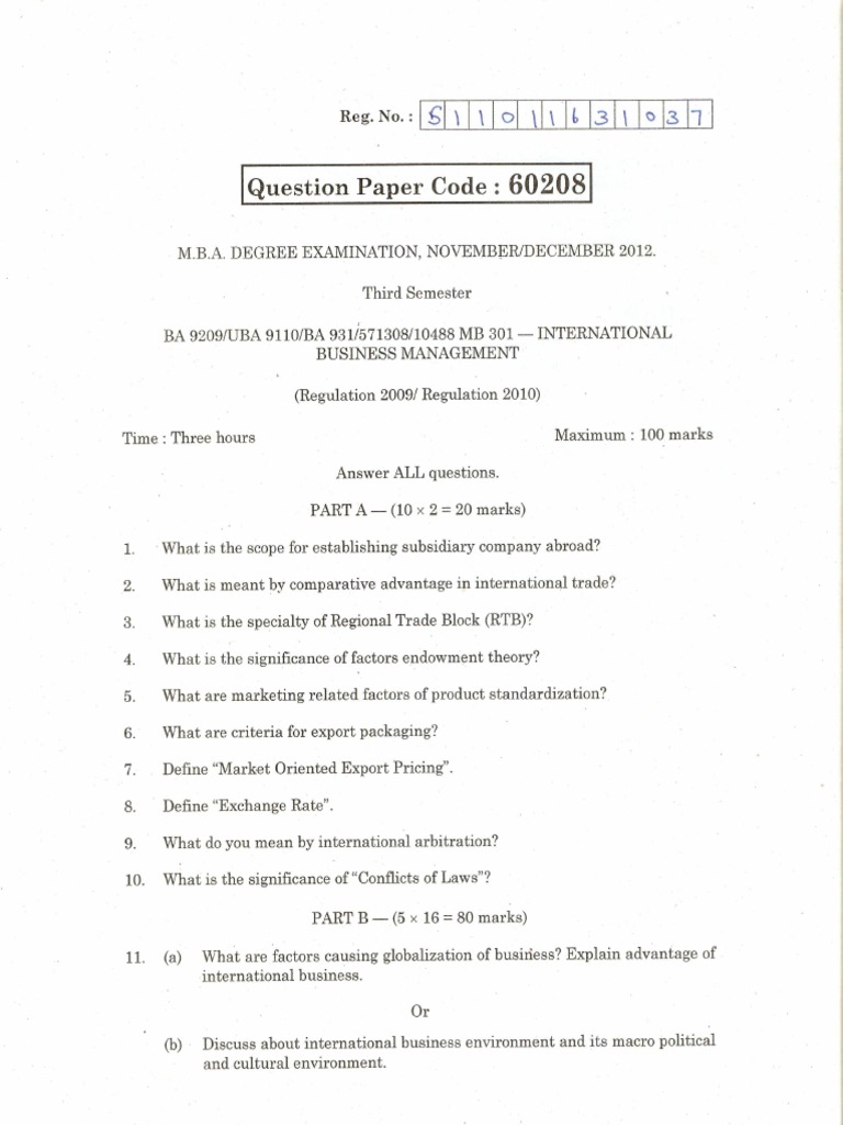 Novemebr 2012 Mba Iii Sem Question Papers | PDF