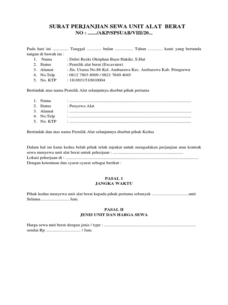 Surat Perjanjian Sewa Unit Alat Berat 2 | PDF
