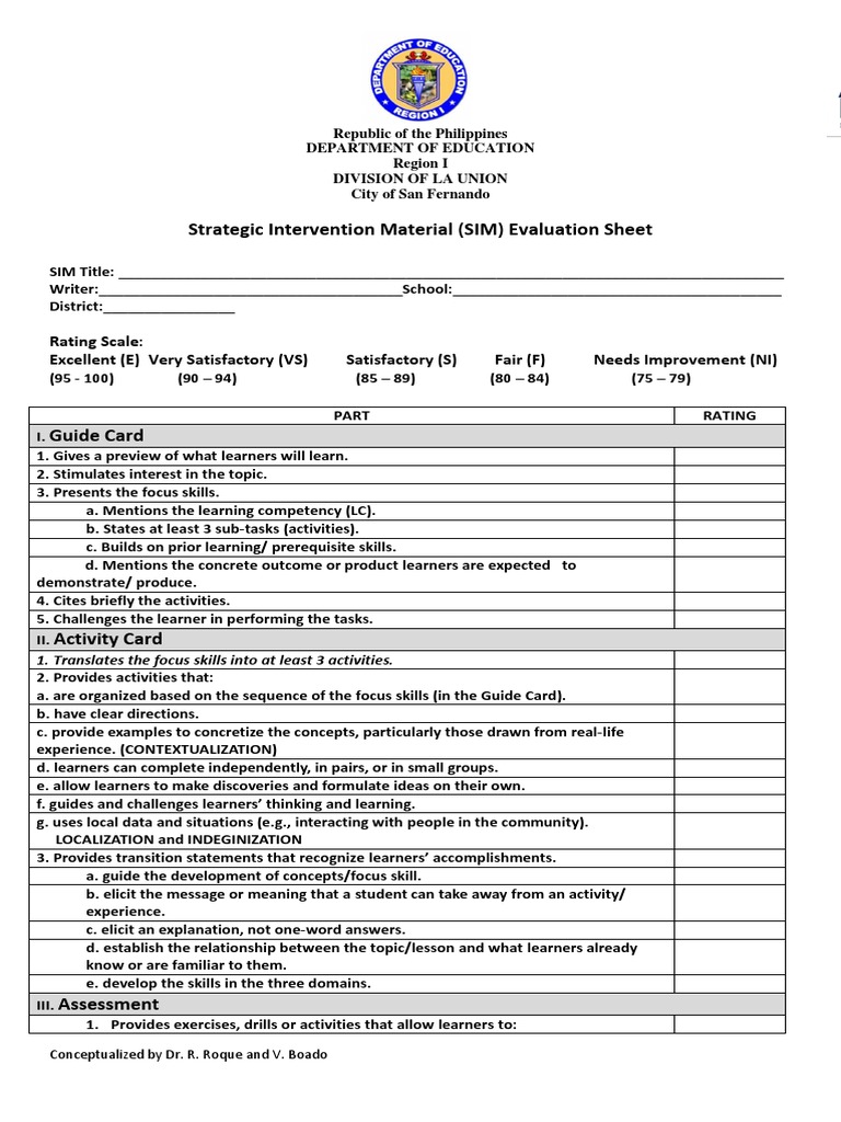 SIM Evaluation SHEET | Educational Assessment | Learning