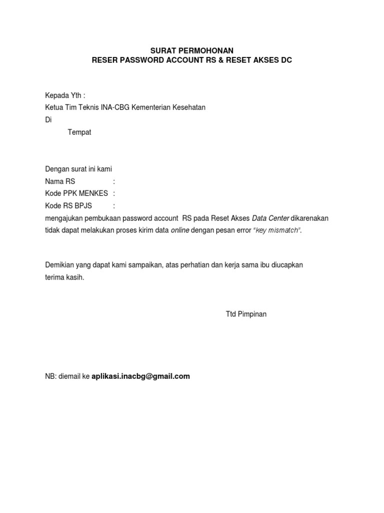 Surat Reset Password Data Center | PDF