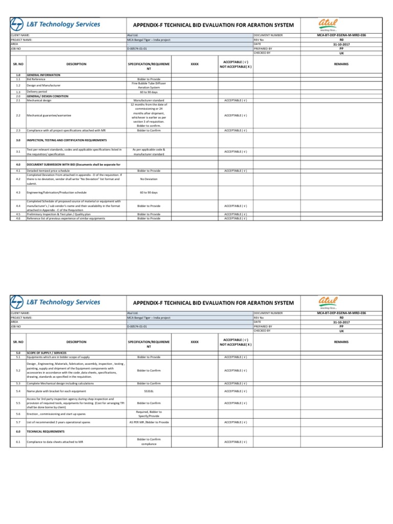 Appendix-F Technical Bid Evaluation For Aeration System | PDF ...