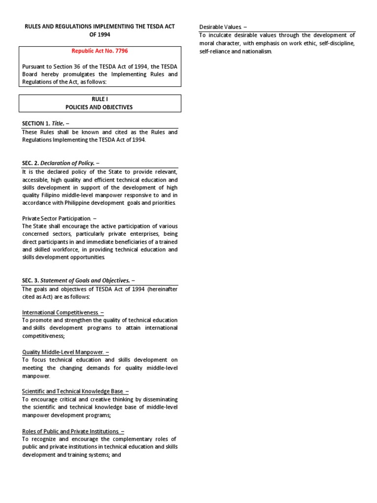 Ra 7796 - Tesda | PDF | Vocational Education | Apprenticeship