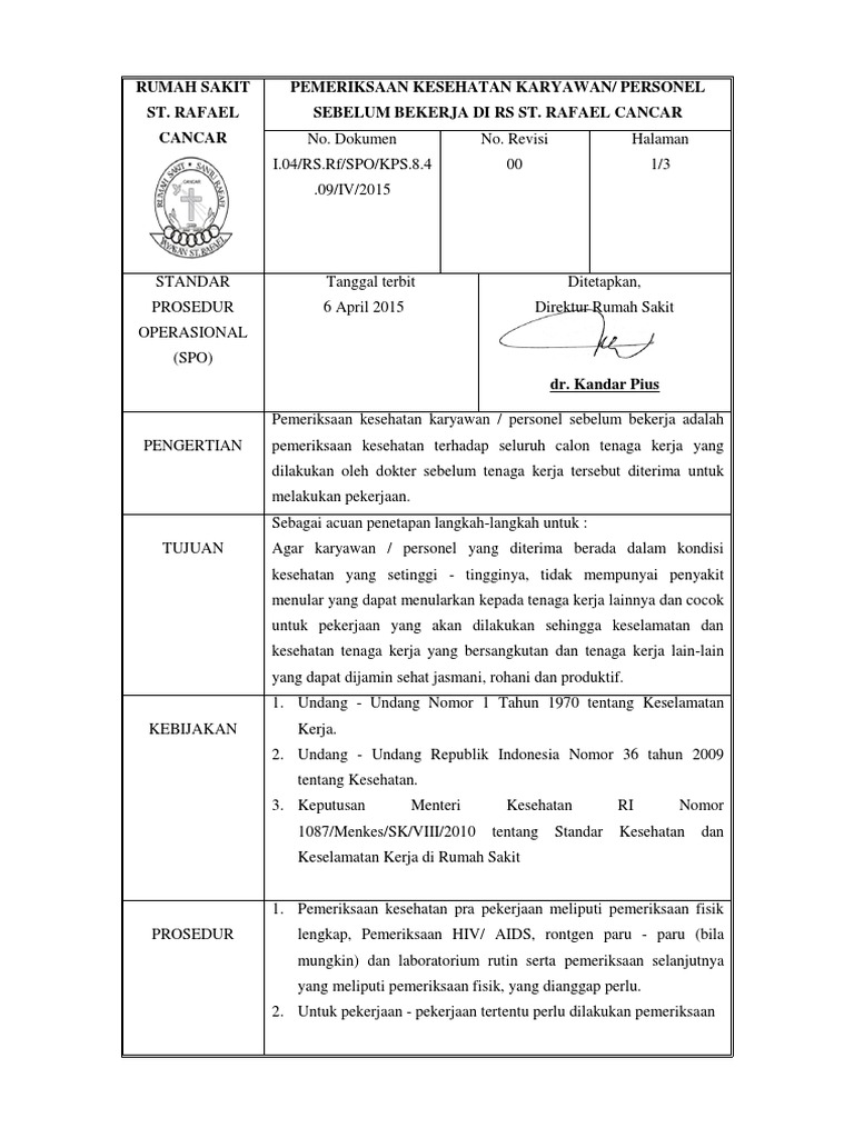 Sop Pemeriksaan Karyawan Sebelum Bekerja Kps 8.4 | PDF