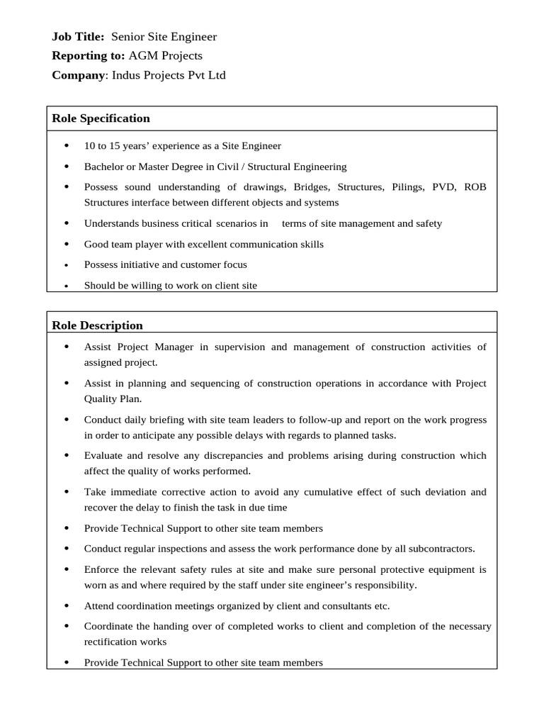 JD - Senior Site Engineer | PDF