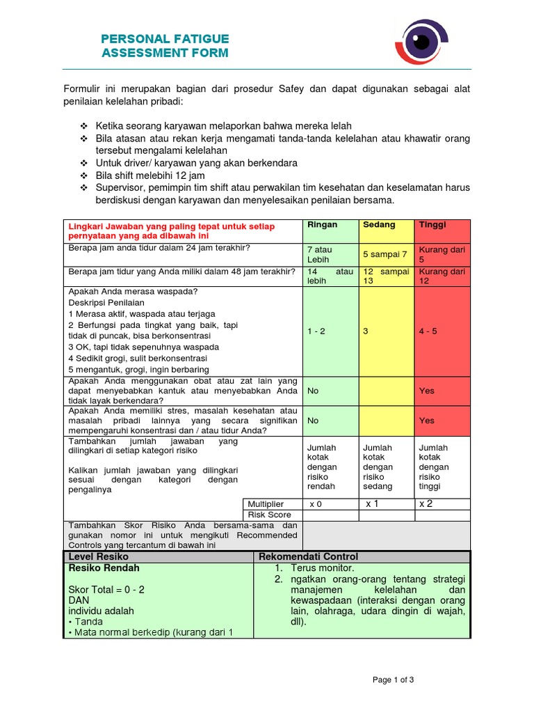Personal Fatigue Assessment Form | PDF