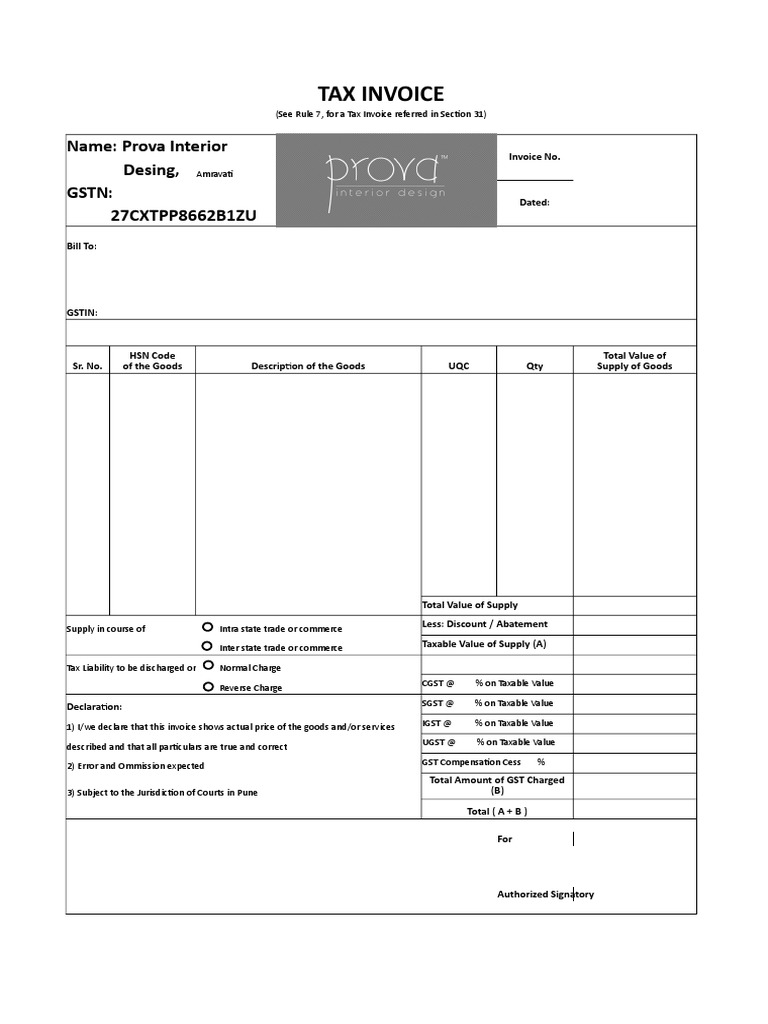 Tax Invoice: Name: Prova Interior Desing, GSTN: 27CXTPP8662B1ZU | PDF