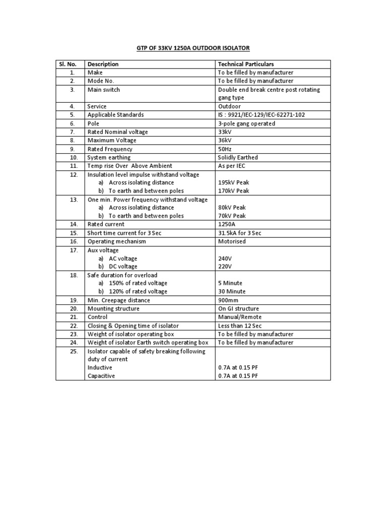 33kV 1250A Outdoor Isolator Specifications | PDF | Insulator ...