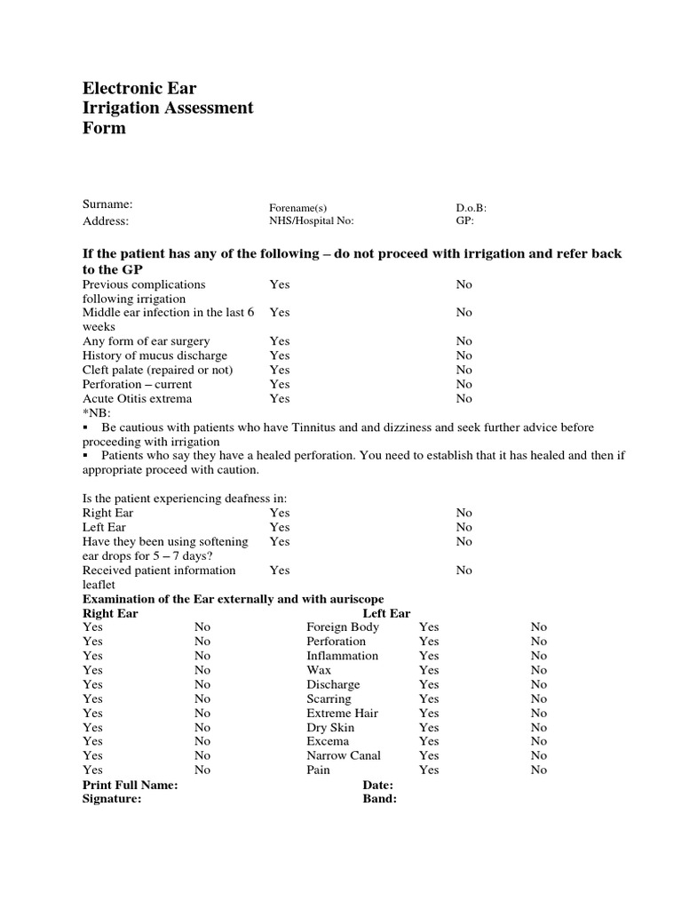 Ear Irrigation Assessment Form | PDF | Ear | Auditory System