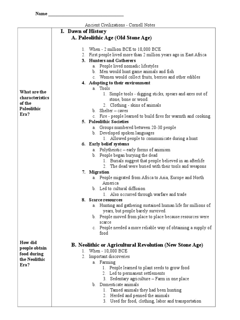 Ancient Civilizations - Cornell Notes | Paleolithic | Ancient Greece