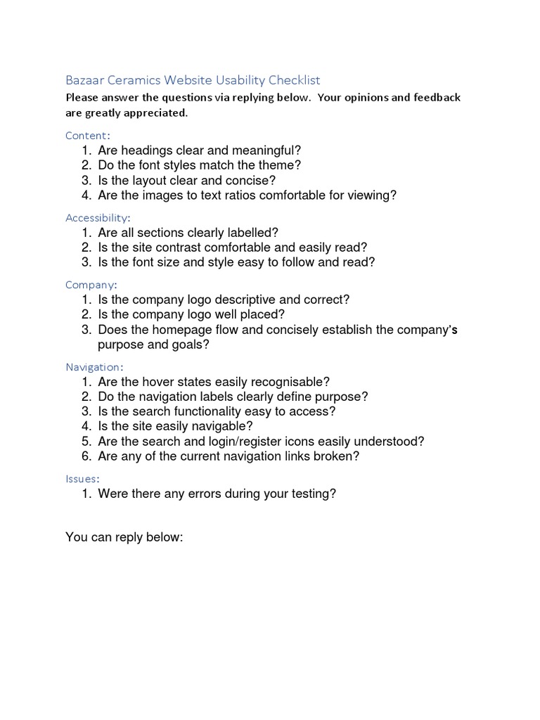 Bazaar Ceramics Website Usability Checklist: Content | PDF