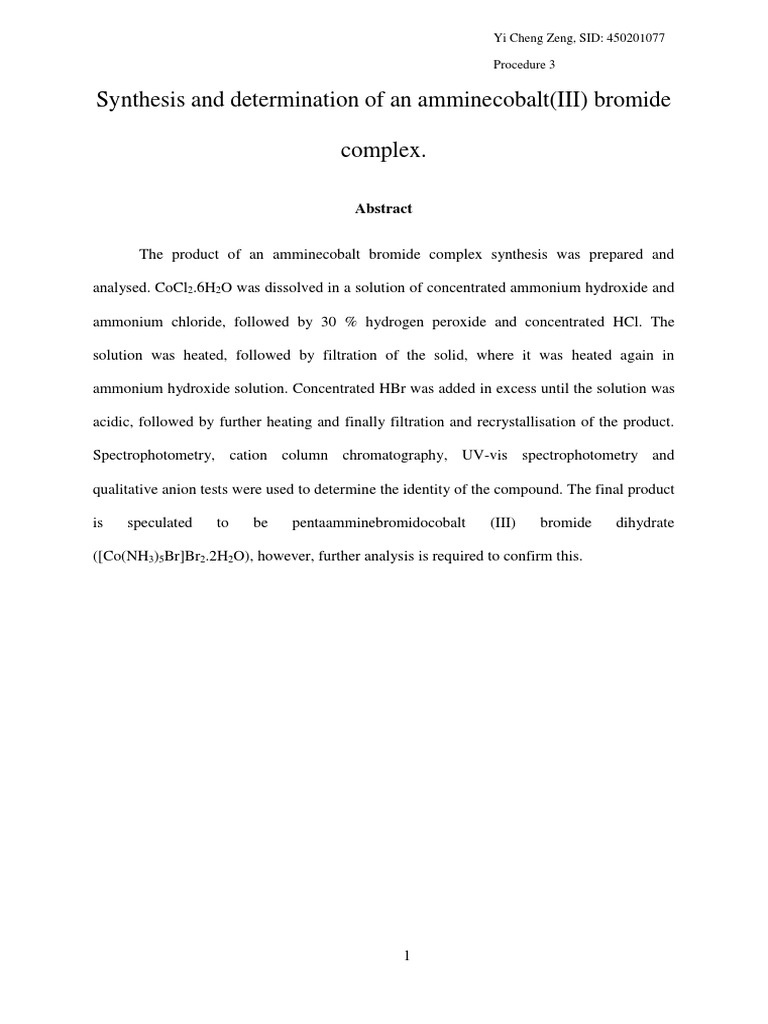 Synthesis and Determination of A Cobalt Bromide Ammine Complex - YCZeng ...