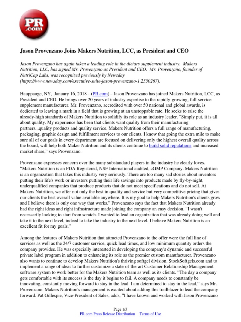 Jason Provenzano Joins Makers Nutrition, LCC, As President and CEO ...