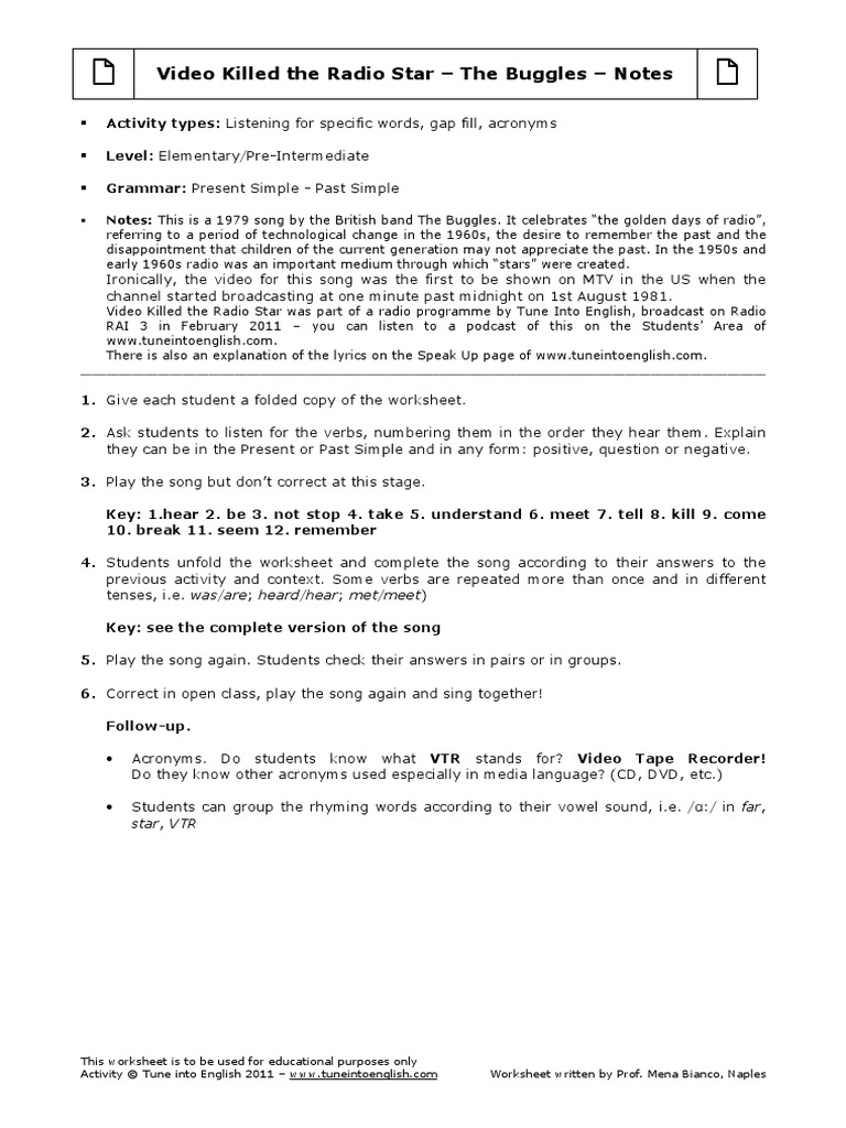 Video Killed The Radio Star - The Buggles - Notes: This Worksheet Is To ...