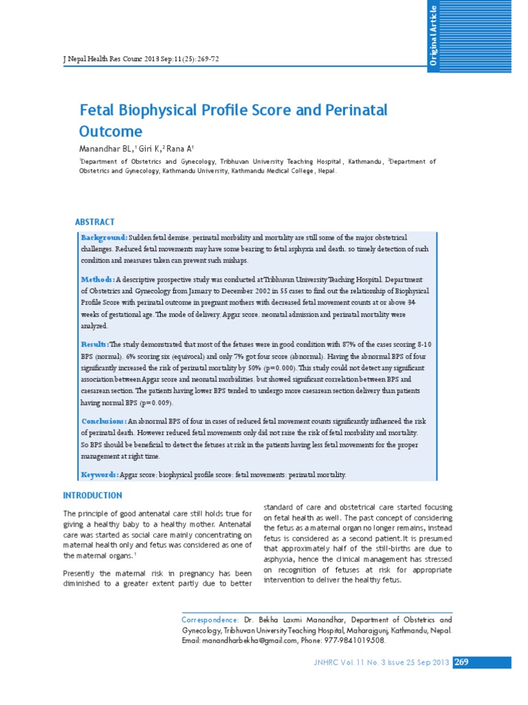 Fetal Biophysical Profile Score and Perinatal Outcome: Background | PDF ...