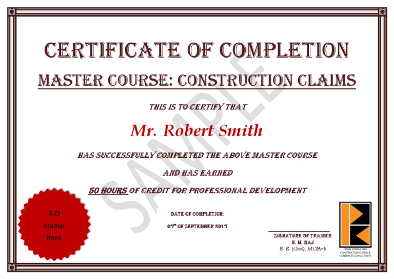 Certificate of Completion: Construction Claims | PDF