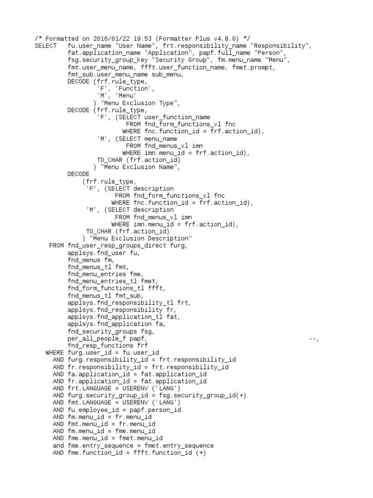 Sql Query User Responsibility Menus Pdf Menu Computing Proprietary Software
