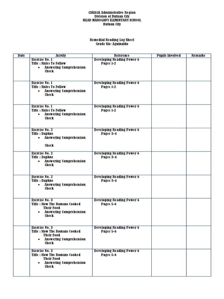 Remedial Reading Log Sheet | PDF | Teaching Mathematics