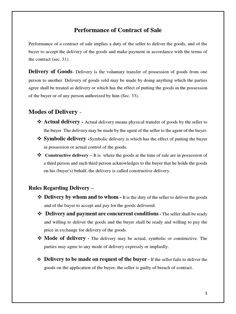 Performance of Contract of Sale | PDF | Delivery (Commerce) | Sales