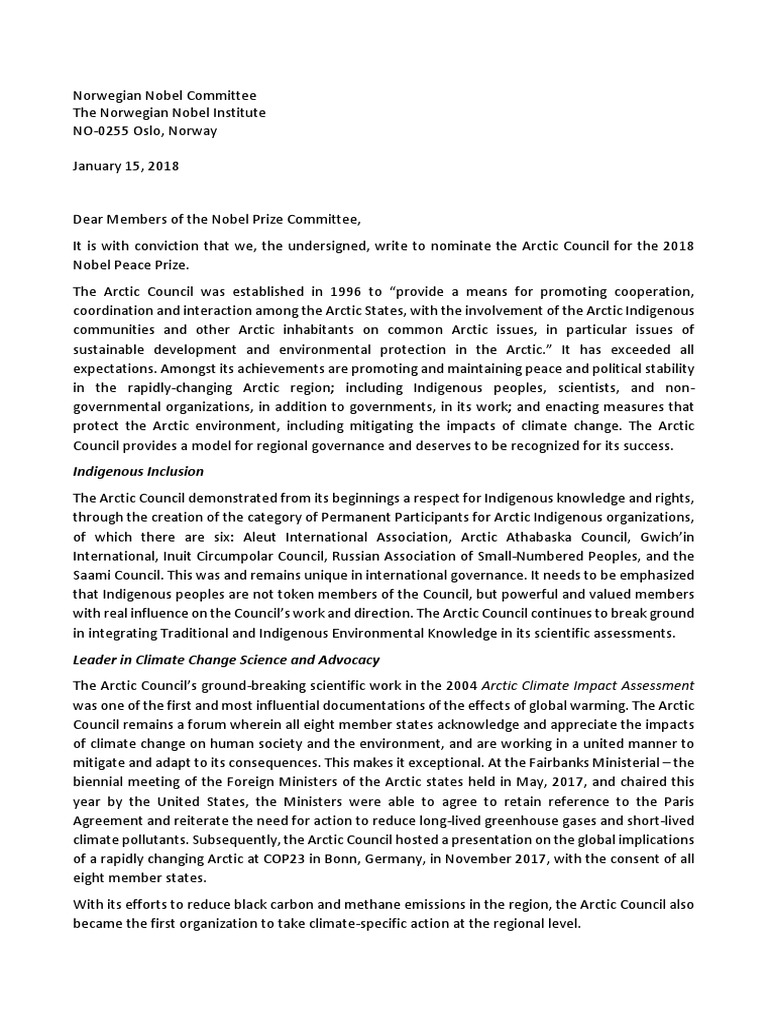 Arctic Council Nomination Letter For The Nobel Peace Prize | Arctic ...