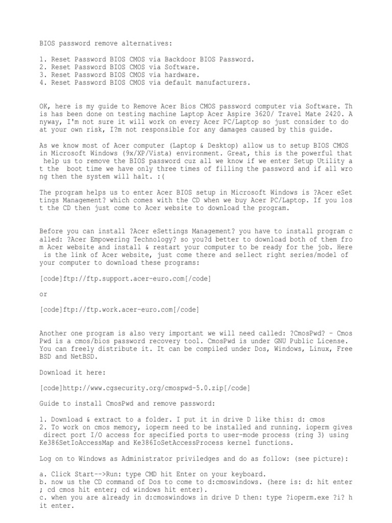 Reset Password BIOS CMOS | Download Free PDF | Bios | Personal Computers