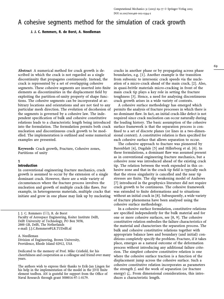 A Cohesive Segments Method For The Simulation of Crack Growth | PDF | Fracture | Fracture Mechanics