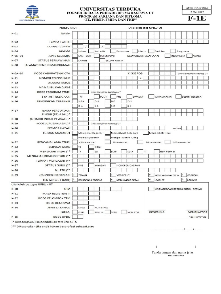 Formulir Data Pribadi Mahasiswa Sarjana/Diploma Di Universitas Terbuka ...