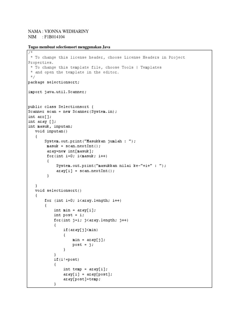 Nama: Vionna Wedhariny NIM: F1B014104: Tugas Membuat Selectionsort Menggunakan Java | PDF