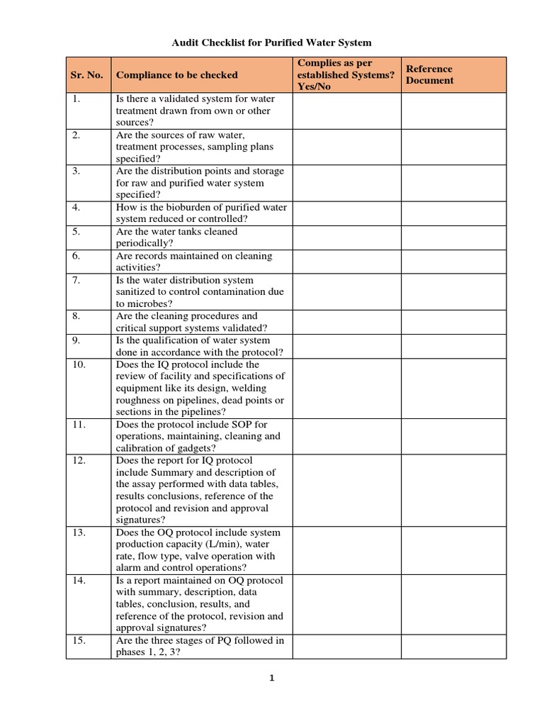 Audit Checklist For Purified Water System | PDF | Purified Water | Water