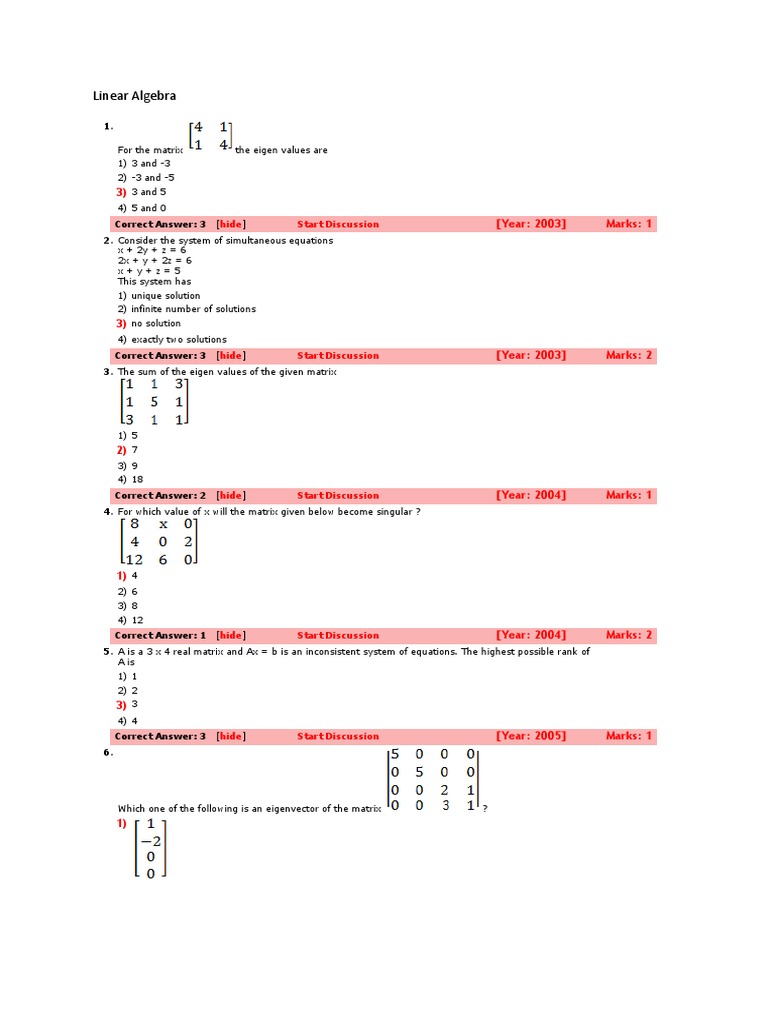 GATE Previous Questions | PDF | Eigenvalues And Eigenvectors | Matrix (Mathematics)