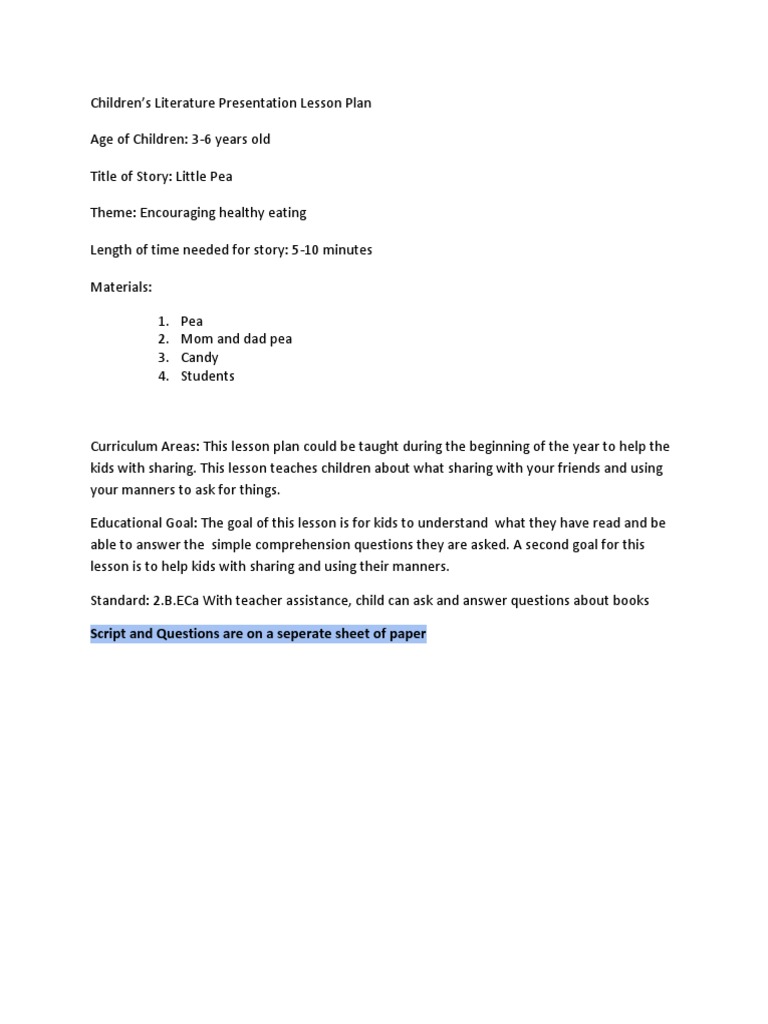 Lesson Plan For Story Book | PDF