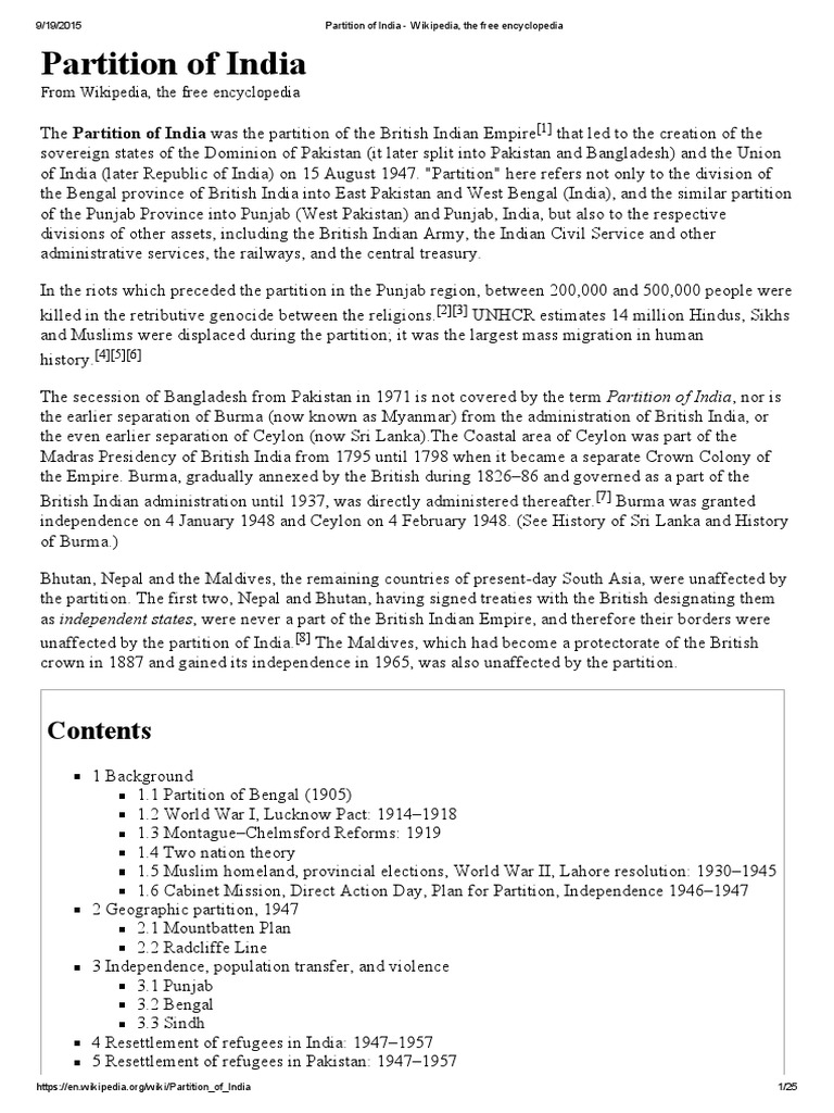 Partition of India - Wikipedia, The Free Encyclopedia | PDF | Partition ...