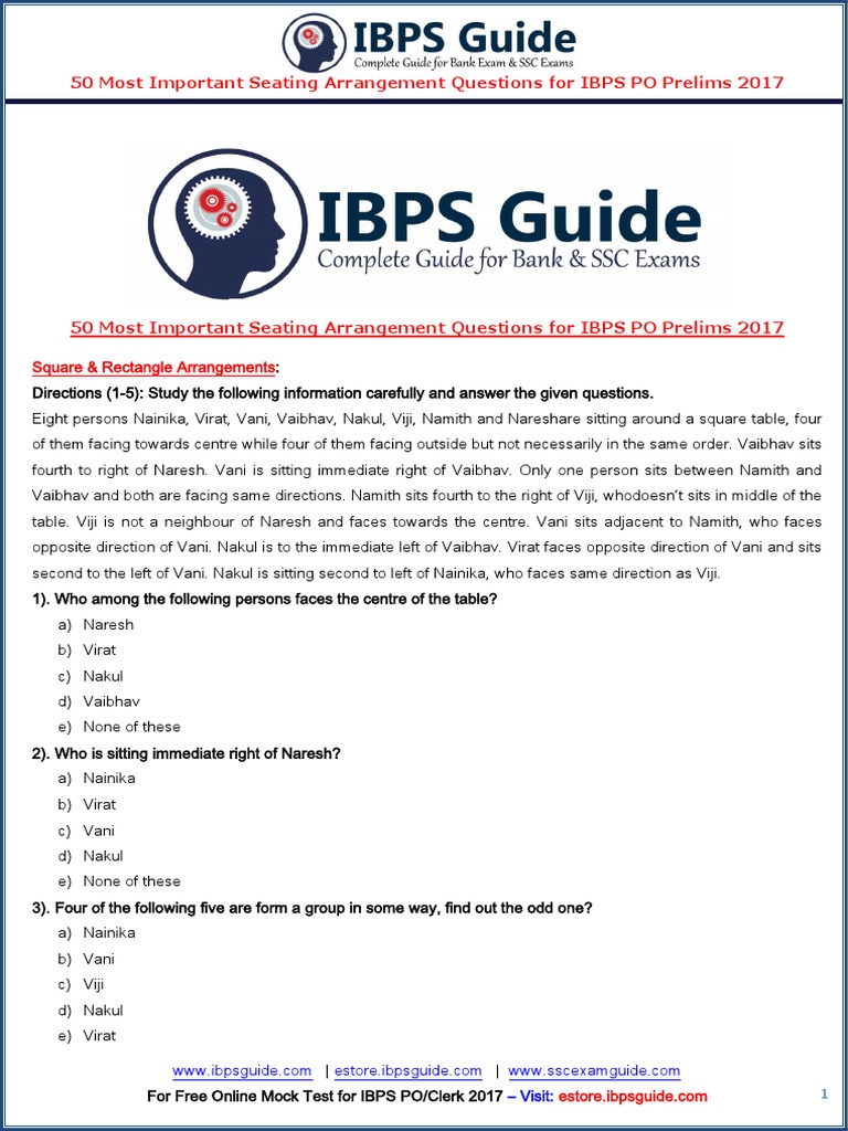 50 Most Important Seating Arrangement Questions For IBPS PO Prelims | PDF | Sports | Leisure