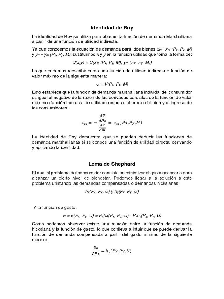Identidad de Roy y Lema de Shephard | PDF | Microeconomía | Enseñanza ...