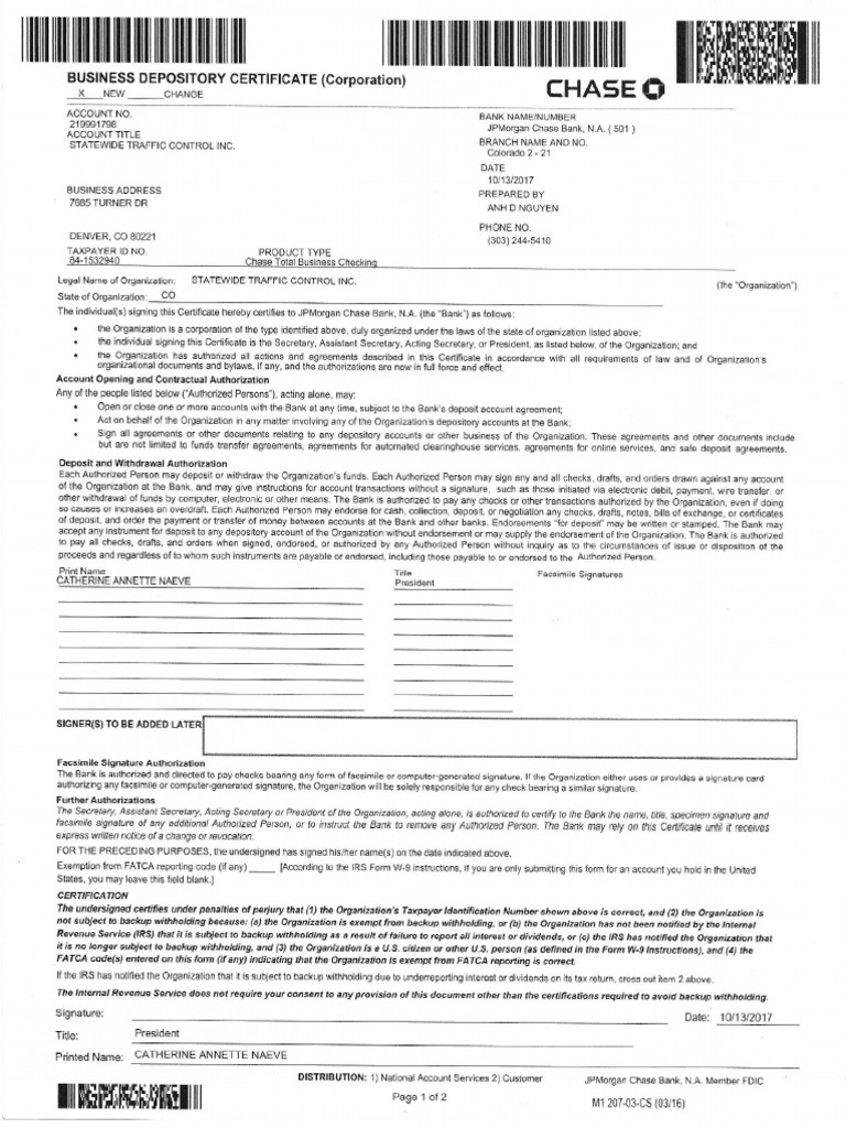 Chase Business Depository Certificate Corporation 10132017 Catherine ...