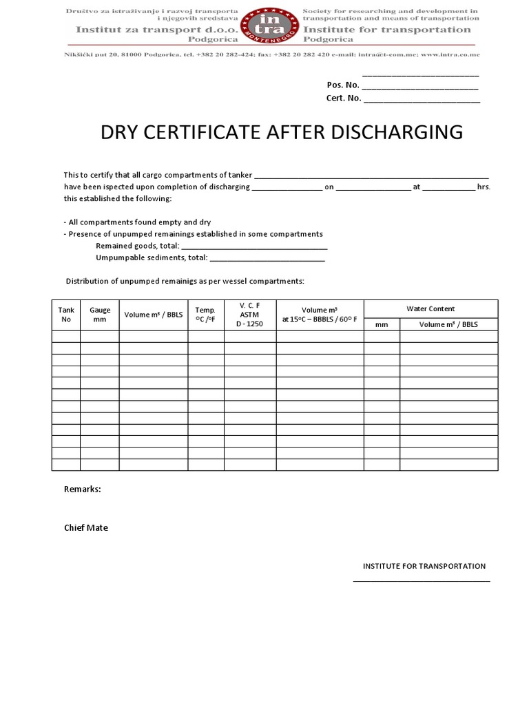 Dry Certificate of Tanker Discharge | PDF
